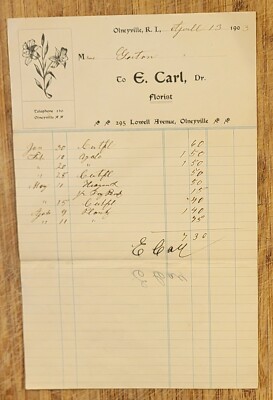 1903 Letterhead Rhode Island Providence Olneyville E Carl Florists | eBay