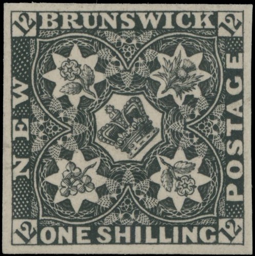 1851, NEW BRUNSWICK, HERALDIC FLOWERS PLATE PROOF OF 1S BLACK, PRINTED ...