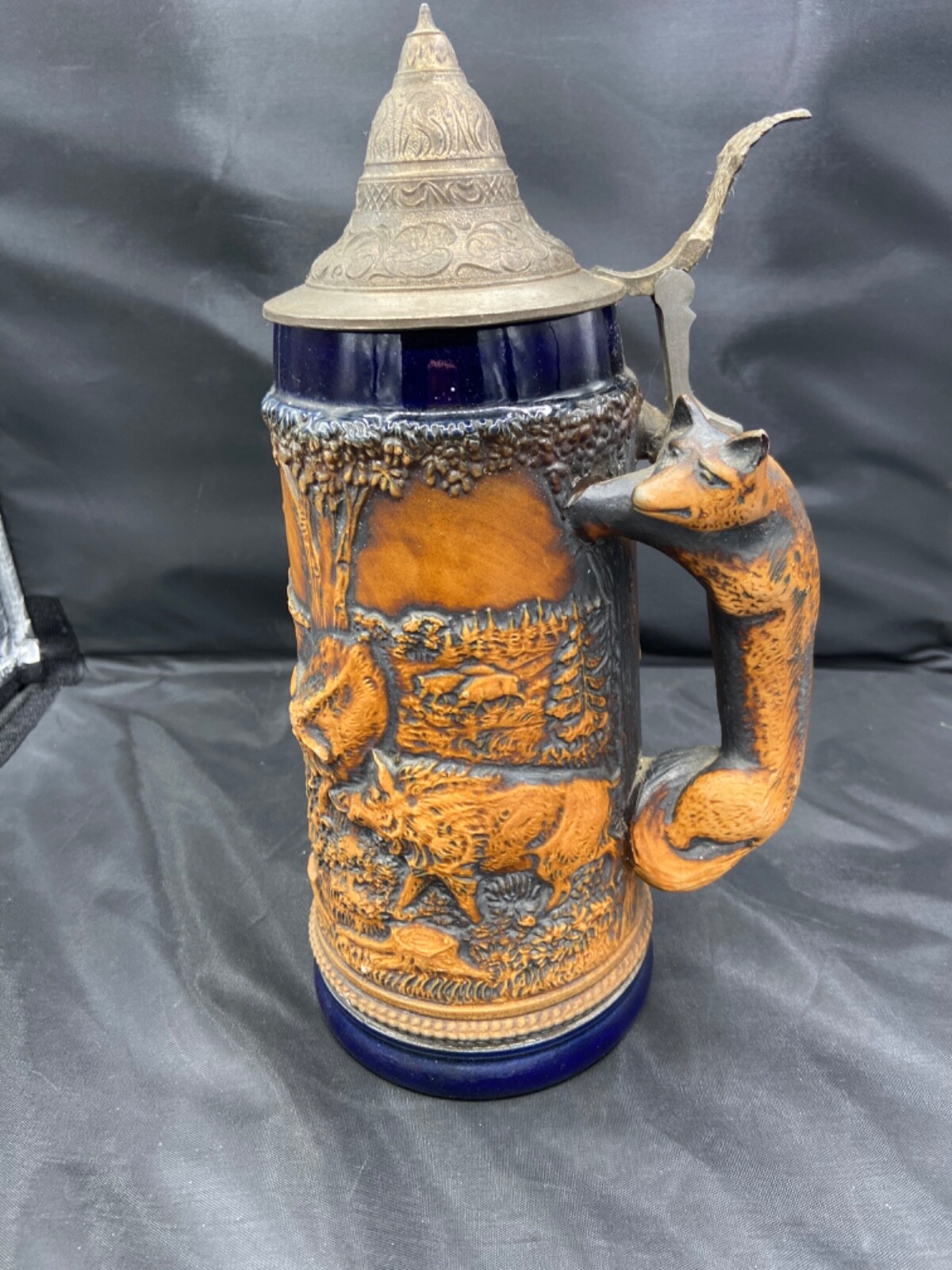Gerz German Lidded Beer stein with Fox Handle Wild Elk Boar Hunting ...