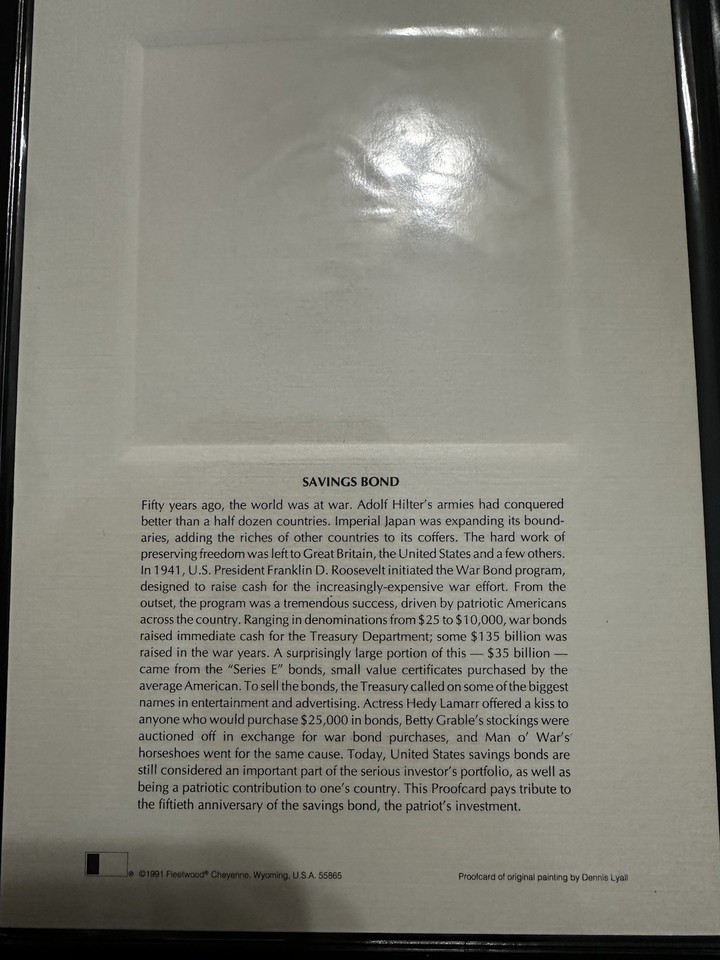 1991 first day cover Proof card Mounted/Plastic COVER “Savings Bond ...