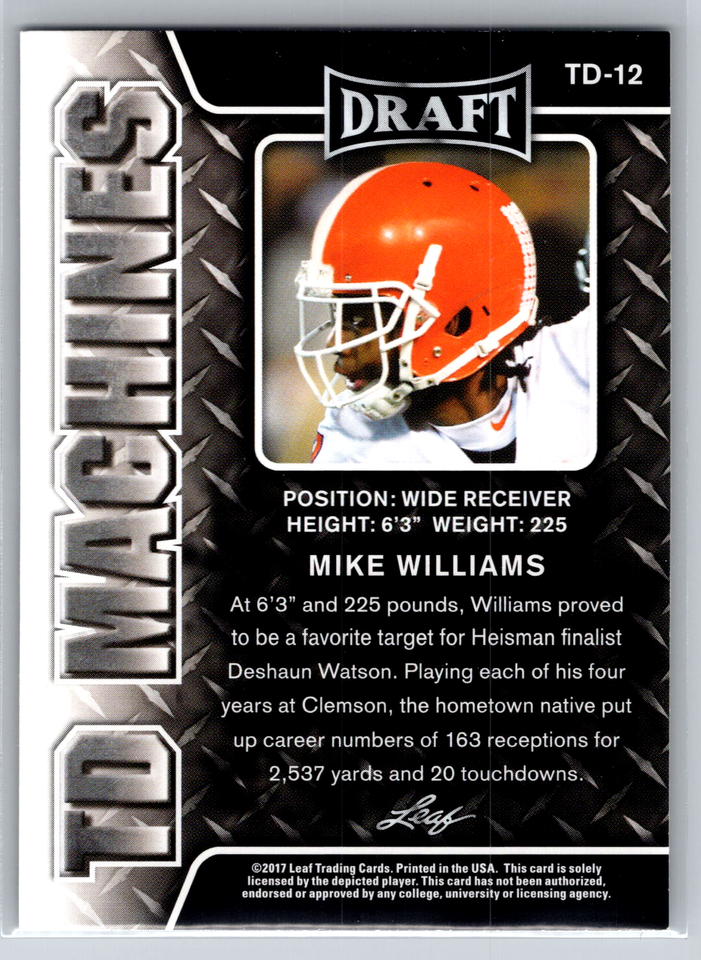 Mike Williams 2017 Leaf Draft TD Machines Rookie Card RC TD-12 Clemson ...