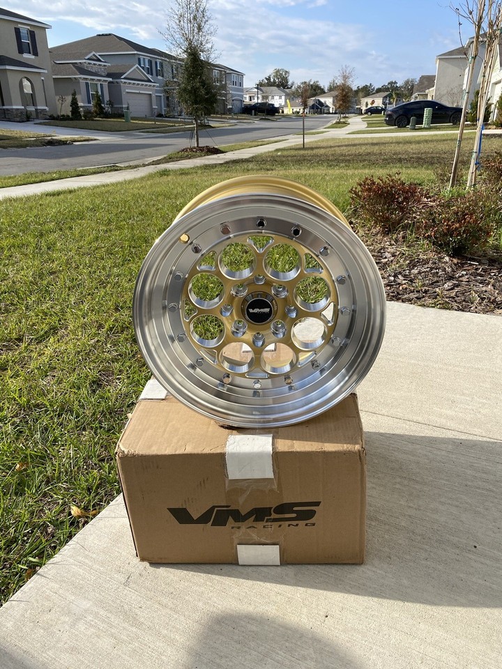 VMS Revolver Gold Polished Lip Drag Wheel 15x8 4X100 and 4x114.3 SET OF ...