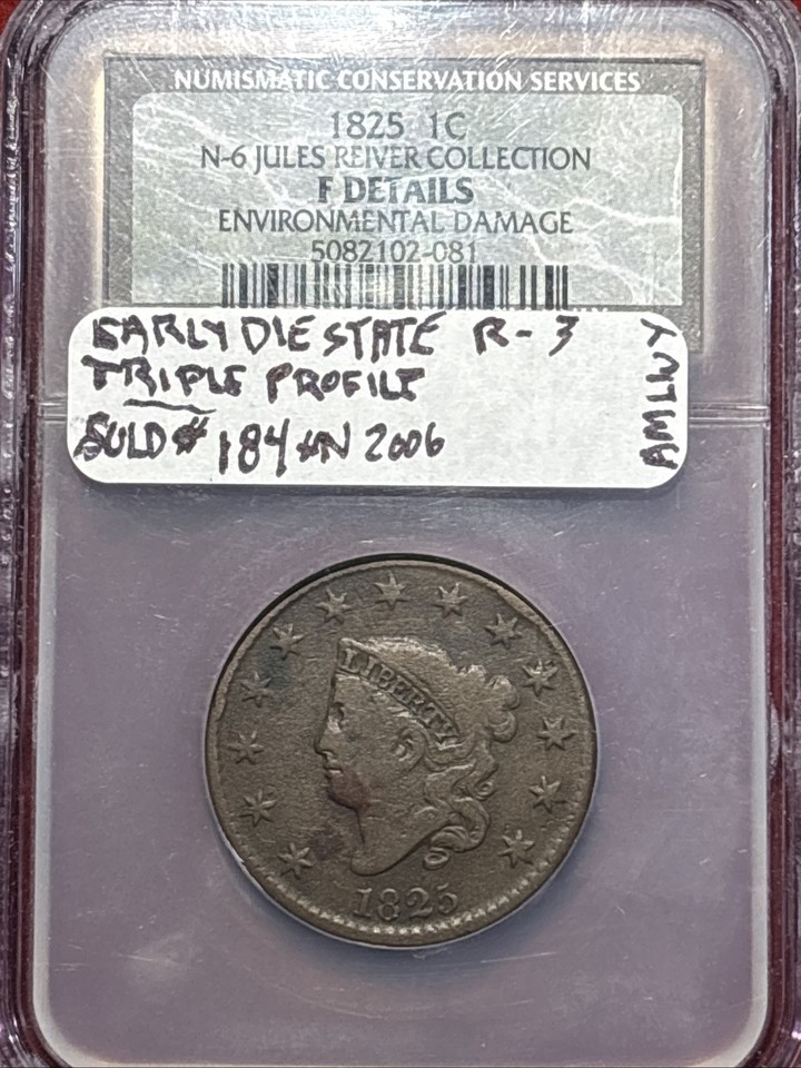 1825 Large Cent N-6 Jules Reiver Collection Triple Profile Sold For$184 ...