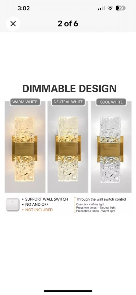 Qaupoee Crystal Wall Sconces Dimmable LED Wall Light Fixture Gold ...
