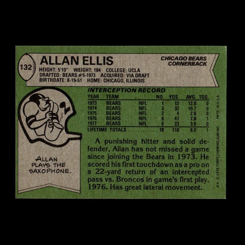 Allan Ellis 1978 Topps Chicago Bears #132 R308E 5 | eBay