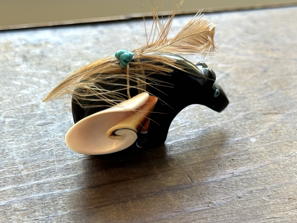 Native American Bear Fetish Hand-carved Black Bear Shell Feather Stone ...