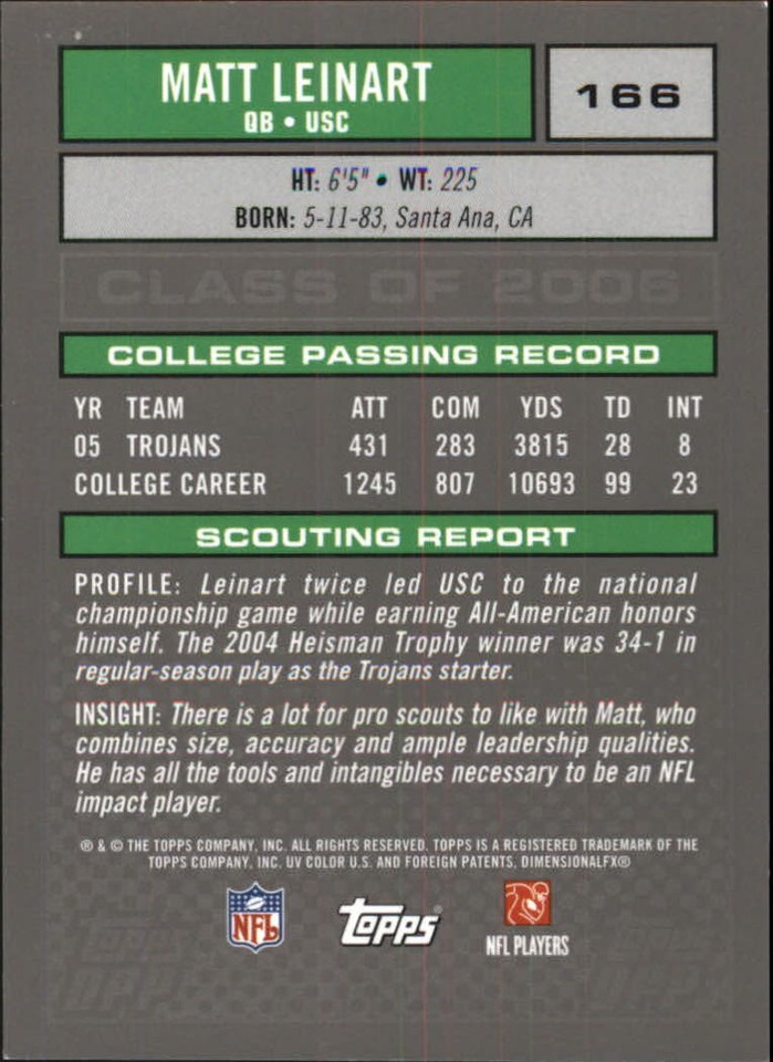 2007 Topps Draft Class of 2006 Unsigned Chrome Bronze #166 Matt Leinart ...