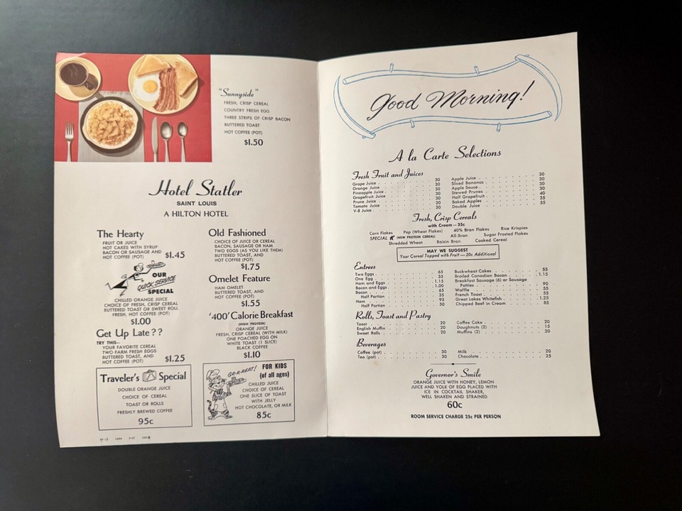 Vintage HOTEL STATLER Restaurant Breakfast Menu St Louis Missouri 1950 ...