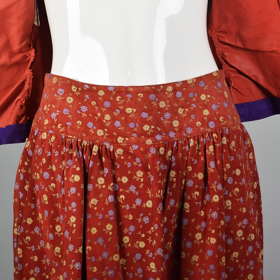 S 1970s Suede Two Piece Set Separates Silk Screen Floral Print Boho ...