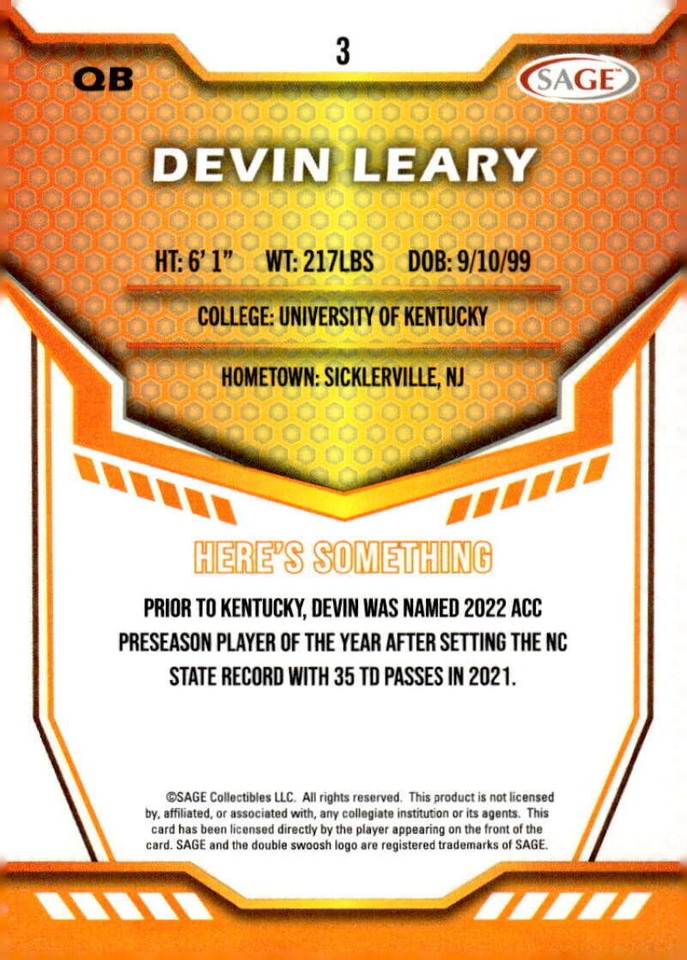 DEVIN LEARY RC 2024 SAGE Hit Low Series #3 ROOKIE NCAA NFL ID:94721 | eBay
