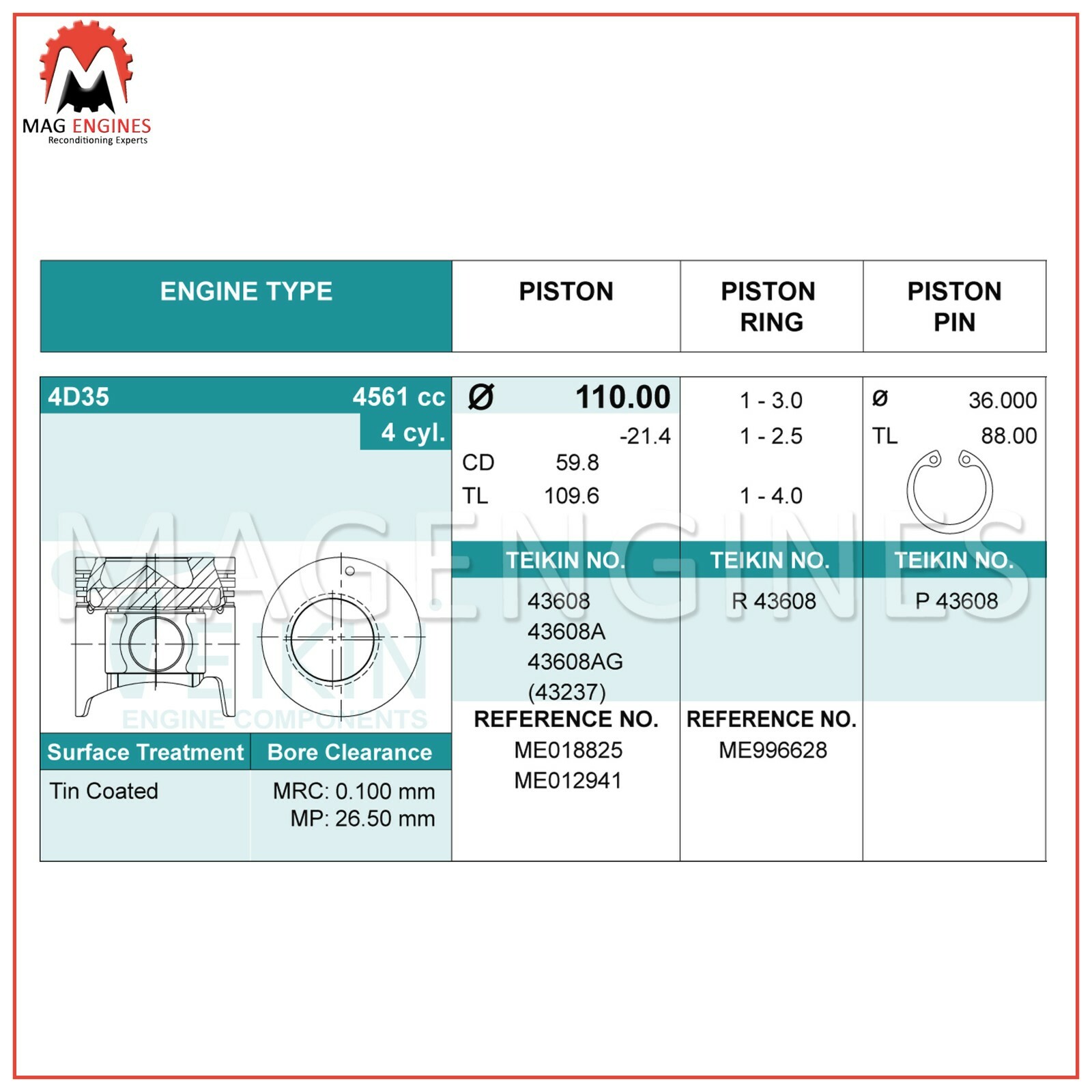 PISTON & RING SET MITSUBISHI 4D35 FOR ROSA CANTER FUSO TRUCK 4.6 LTR ...