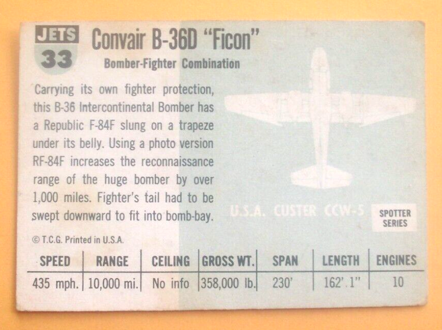 1956 TOPPS JETS CARD #33 CONVAIR B-36D "FICON" POOR CONDITION 99 CENT ...