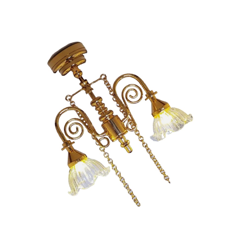 1/12 Scale Dolls house Battery Ceiling Light Victorian 2 Arm Chandelier ...