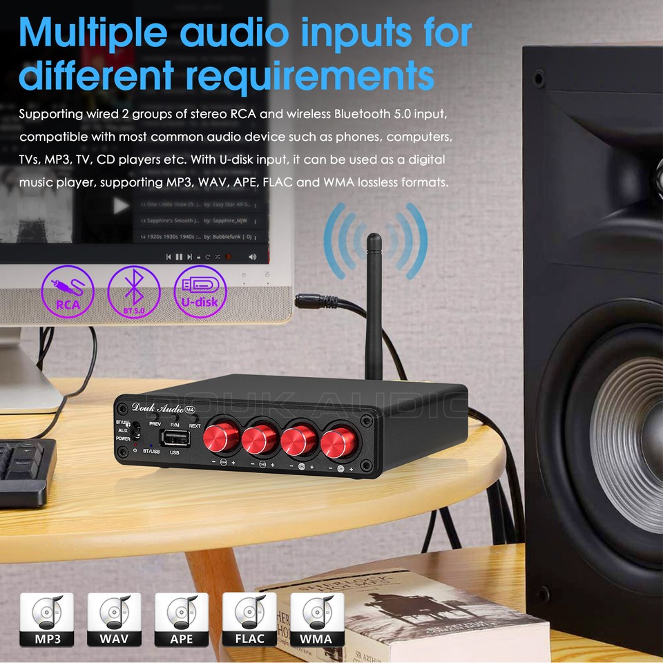 HIFI 4 Channel Bluetooth Amplifier Multi-zone Stereo Audio Amp Mixer ...