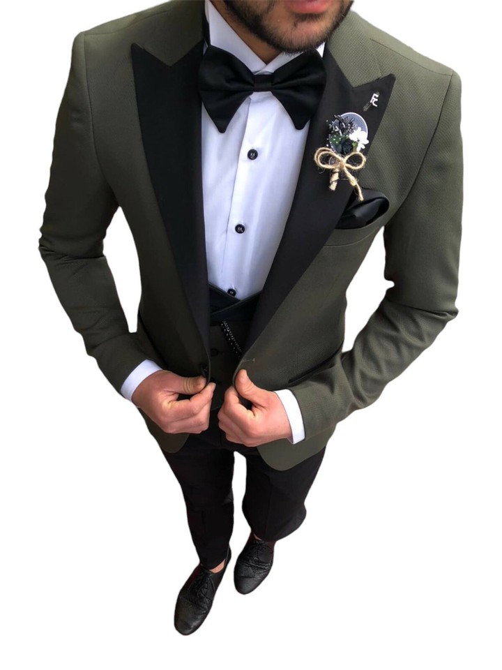 Green Khaki 5 Piece Smoking Party Wedding Suit Men's Tailored Slim Fit ...