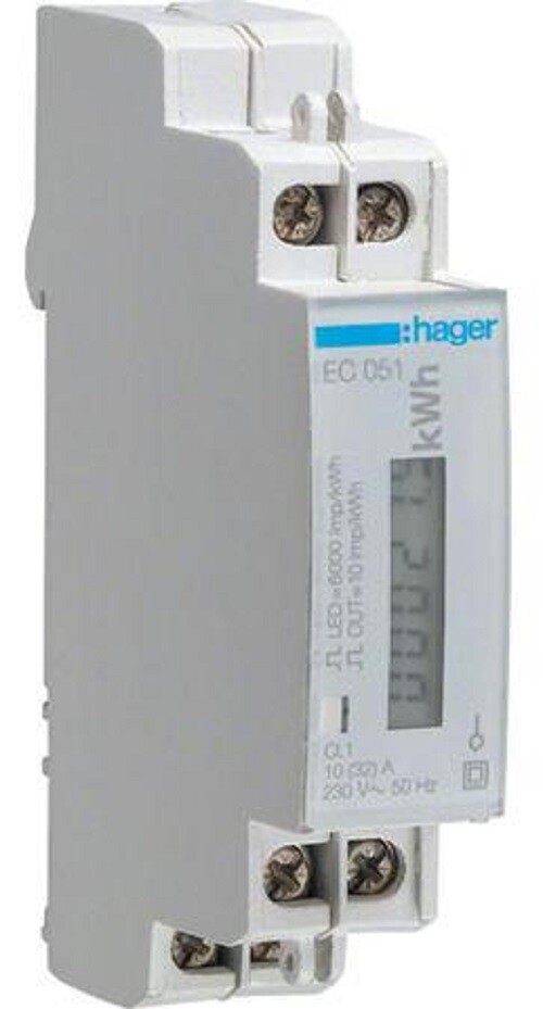 Hager KILOWATT-HOUR METER HAGEC051 230V 10-32A Pulsed 1-Phase Direct ...