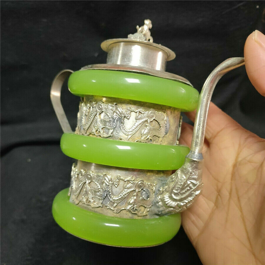 Chinese Armor Jade old Tibet silver hand carved Dragon monkey Lid ...