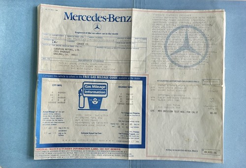 Vintage 1985 MERCEDES-BENZ 380SL R107 DEALER INVOICE WINDOW STICKER ...