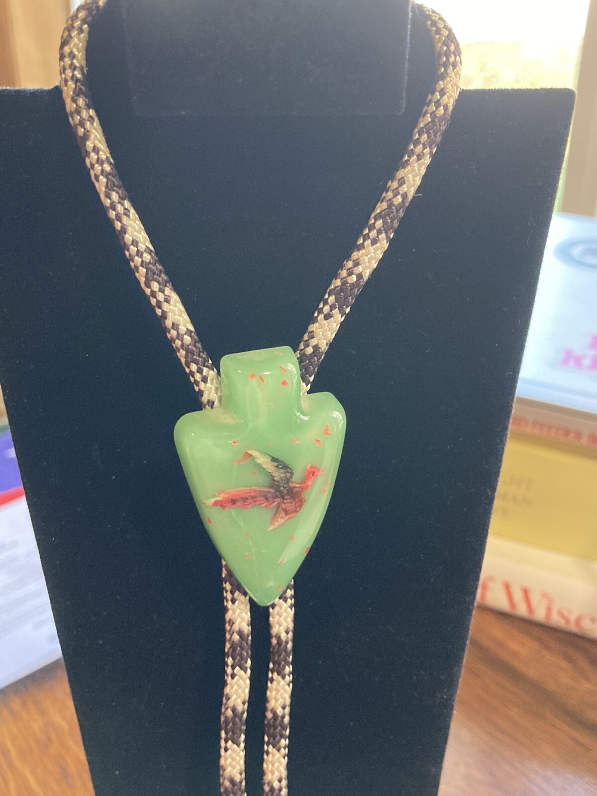 Jade Colored Pheasant Bird Gold Inset BOLO TIE Vintag… - Gem