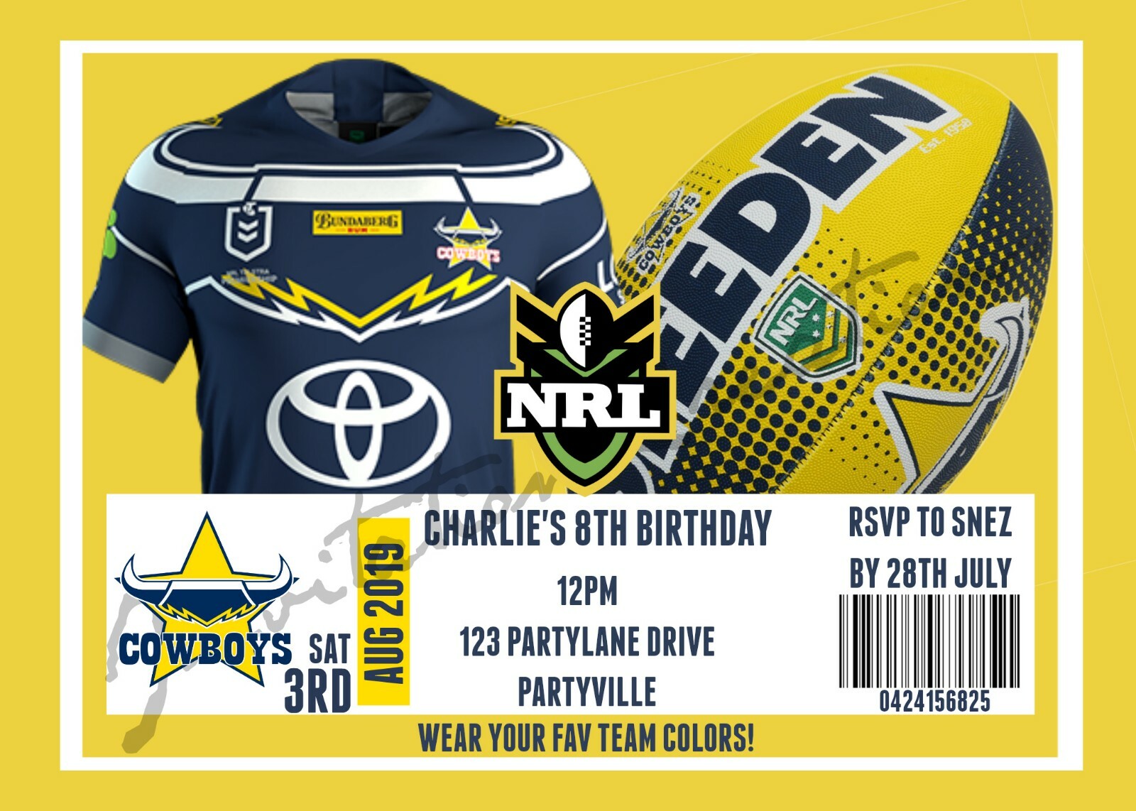 DIY Print Custom NRL COWBOYS FOOTBALL Birthday Party Invitations | eBay