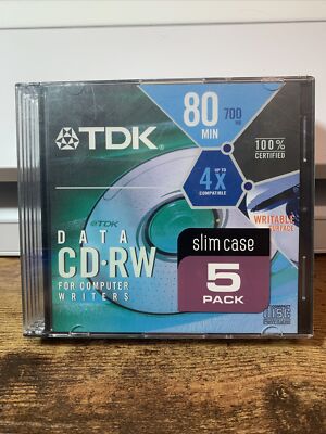 TDK CD-RW 5-Pack Rewritable Data CDs 1x-4x 700MB 80 min Blank Sealed ...