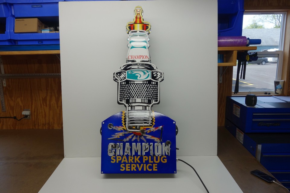 CHAMPION SPARK PLUG NEON Dealer sign. Steel Enamel neon ART. HUGE 45 ...