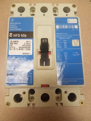 Westinghouse HFD3020 Circuit Breaker 20A 600V 3P HFD 65K | eBay
