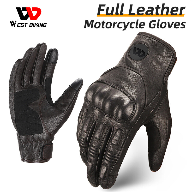 WEST BIKING Genuine Leather Motorcycle Gloves Touch Screen Full Finger ...