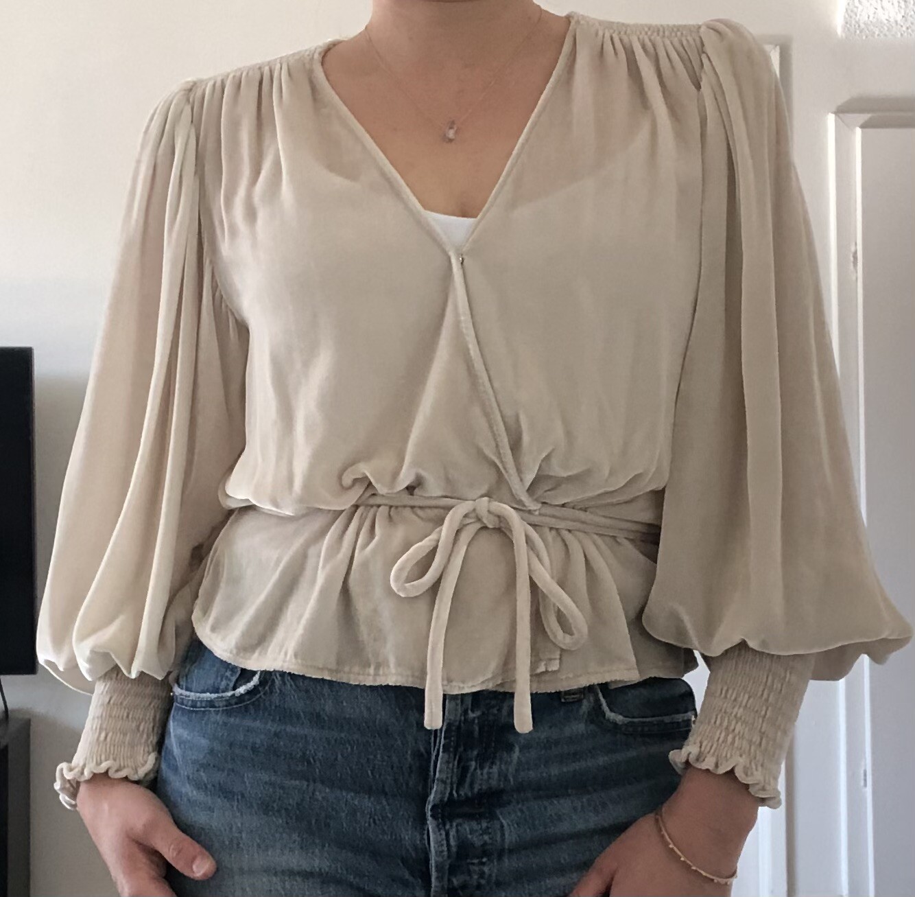 Reformation Mela Cream Velvet Peplum Wrap Top Blouse … - Gem