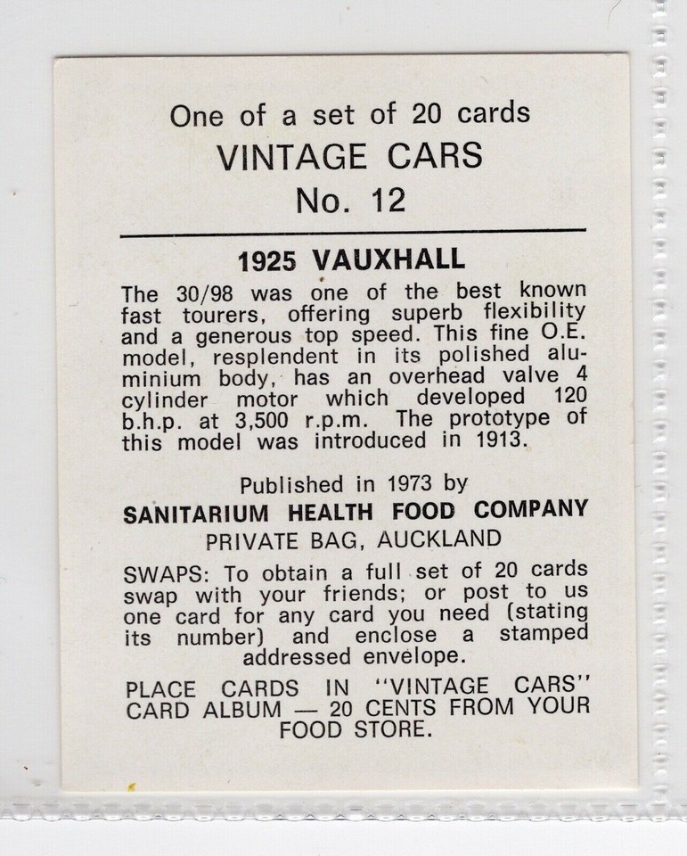 Sanitarium New Zealand Car Card. 1925 Vauxhall | eBay