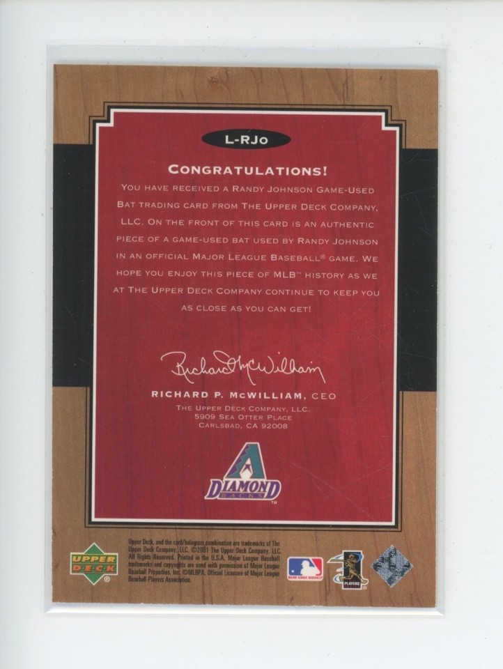 RANDY JOHNSON GAME-USED BAT 2001 UD UPPER DECK LEGENDS LEGENDARY LUMBER ...
