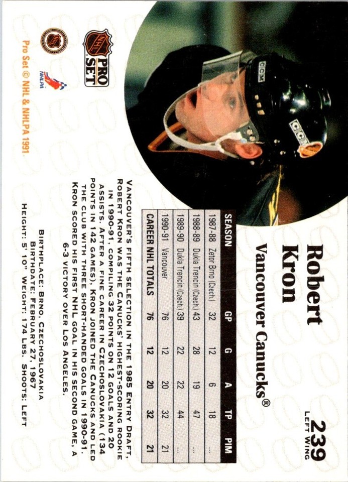 1991 Pro Set Robert Kron #239 Vancouver Canucks Hockey Card | eBay