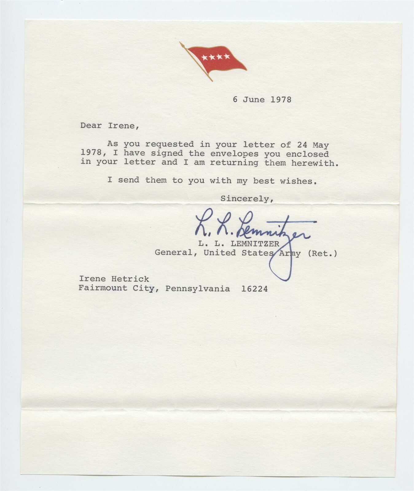 UNITED STATES ARMY GENERAL L.L. LEMNITZER ORIGINAL AUTOGRAPH ON ...