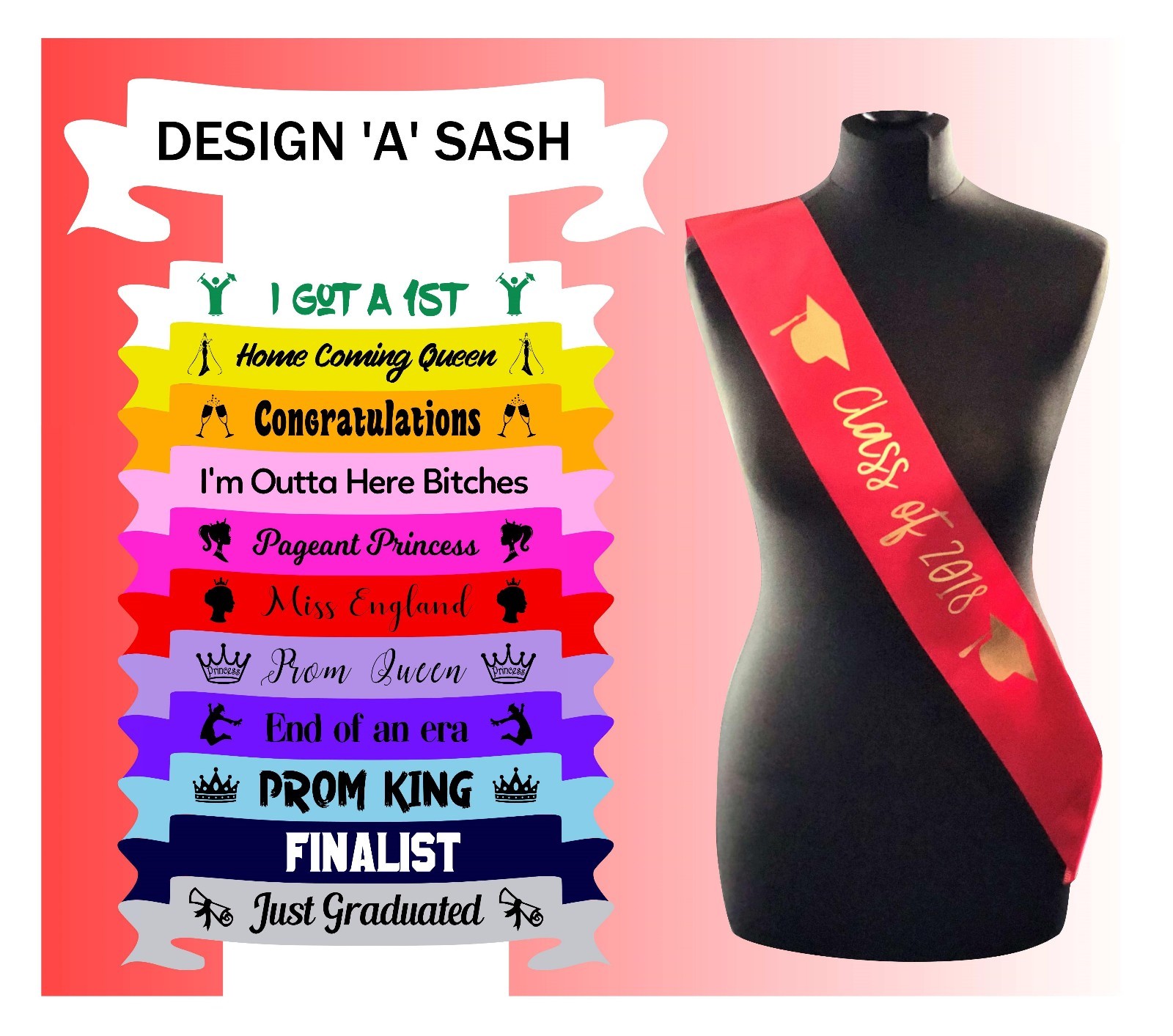 Personalised Prom Sash Sashes School Leavers Prom King Queen homecoming ...