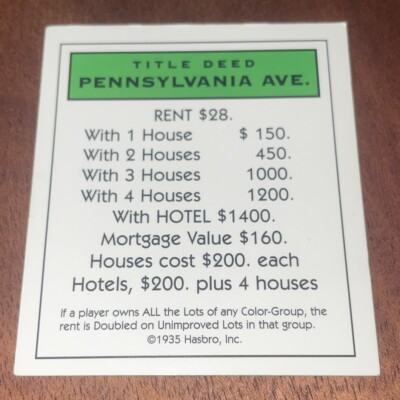1998 Monopoly Deluxe Edition Game Pennsylvania Avenue Deed Card ...