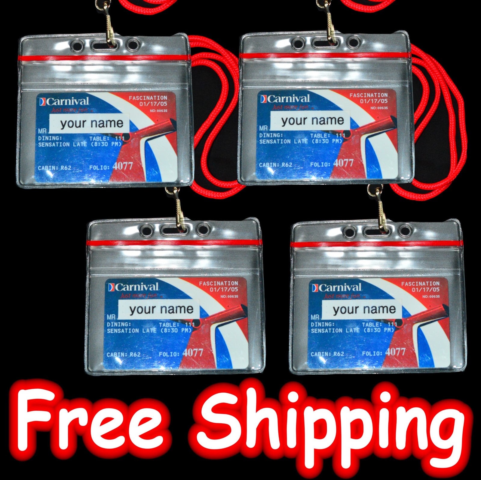 4 Cruise Ship ID Card Holders w Red Lanyard for Carnival Sail and Sign ...