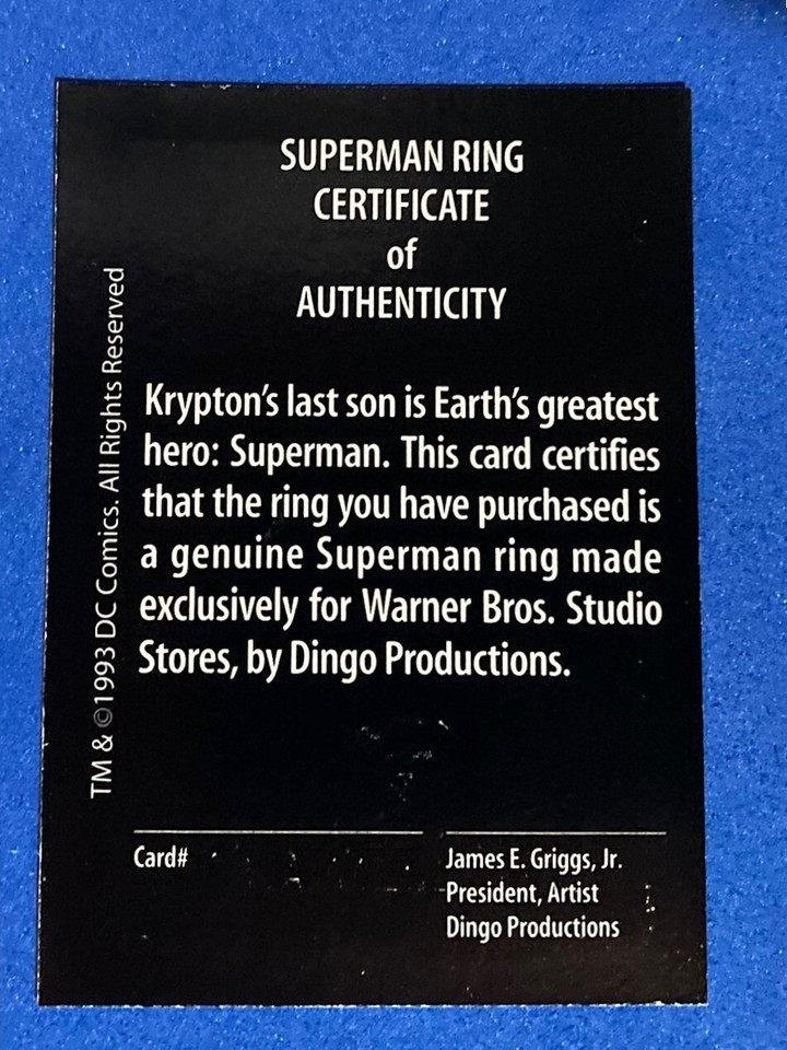 SUPERMAN RING PROMO CARD CERTIFICATE OF AUTHENTICITY WARNER BROTHERS ...