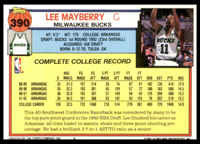 1992 Topps #390 Lee Mayberry Milwaukee Bucks Basketball Card | eBay