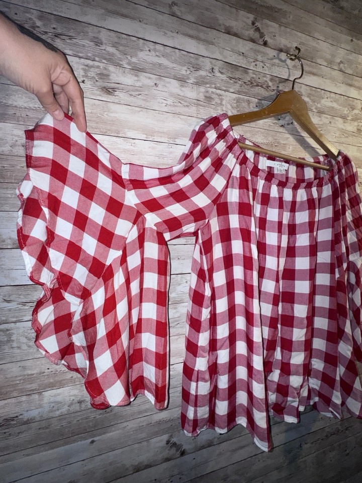 Fever Red Women’s Ruffled Red Plaid Blouse Size Large Good Condition | eBay
