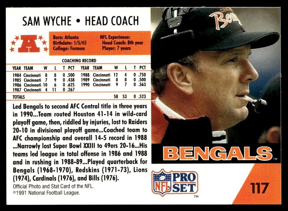 1991 Pro Set Sam Wyche Cincinnati Bengals #117 | eBay