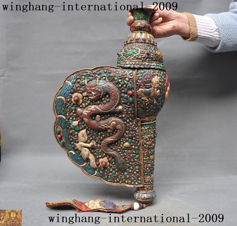 18"Conch Bronze Painted inlay gem Dragon horse Elephant Conch Trumpet ...