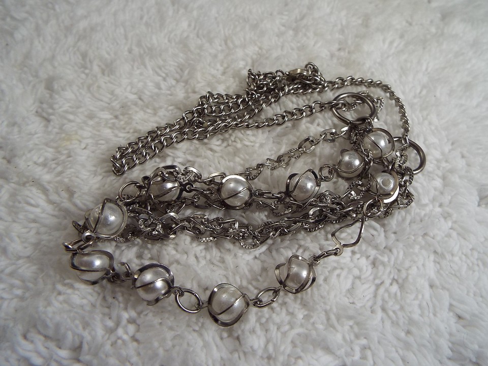 Silvertone White Caged Bead Scoop Chain Necklace (C2) | eBay