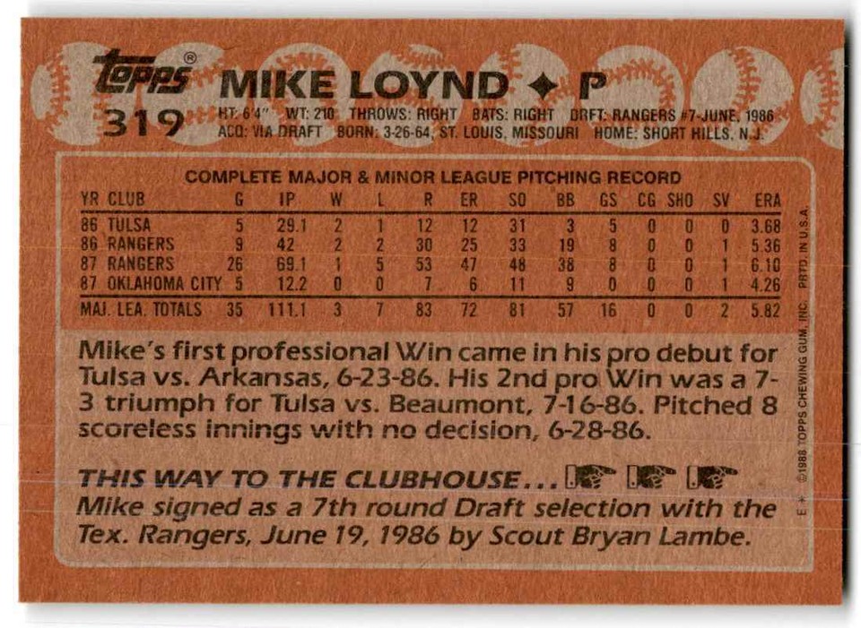 1988 Topps Mike Loynd Texas Rangers #319 | eBay