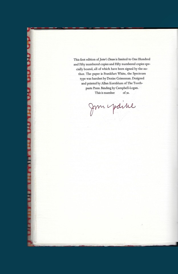 Jester's Dozen Poems John Updike Signed Book Lord John Press Specially ...