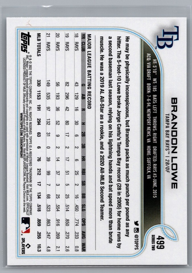 2022 Topps Brandon Lowe Rainbow Foil #499 Tampa Bay Rays | eBay
