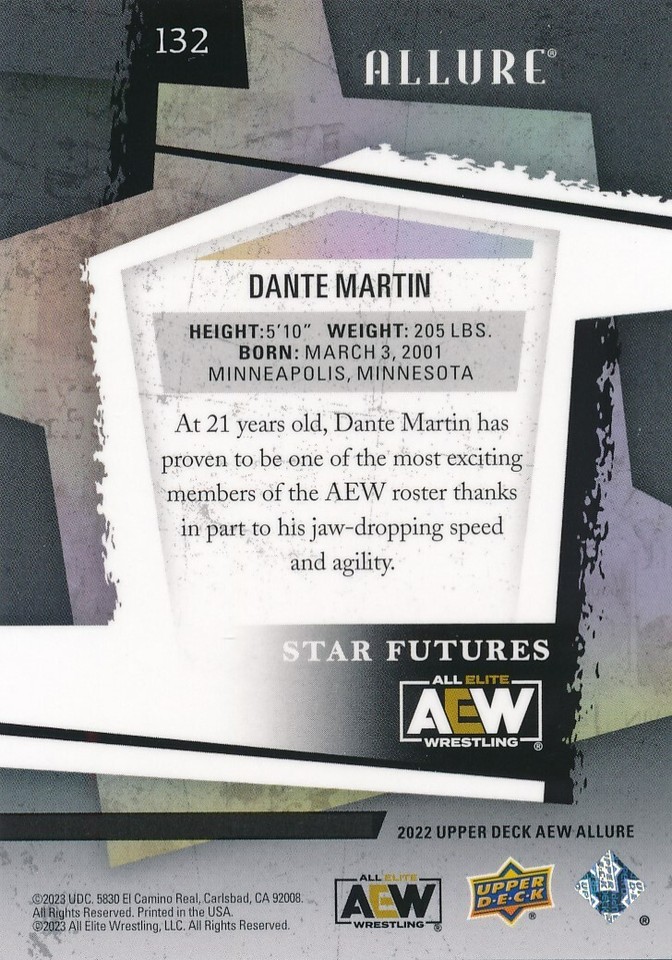 #132 DANTE MARTIN 2022 Upper Deck AEW Allure STAR FUTURES HIGH NUMBERS ...