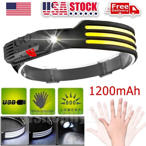 6000K COB LED Headlamp USB Rechargeable Headlight Bar Head Band Torch ...