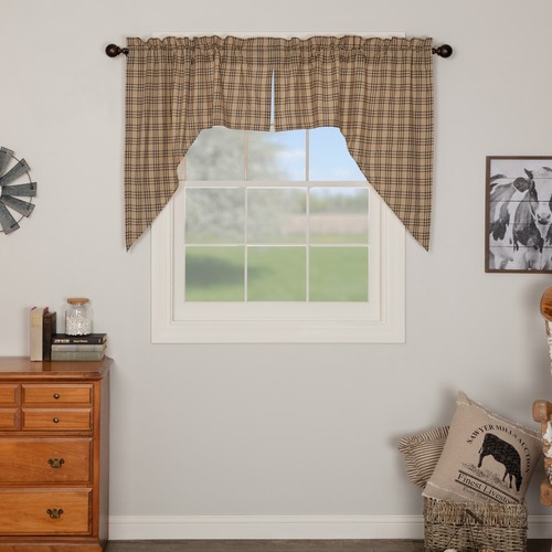 VHC Brands Farmhouse Swag Plaid Pair Tan Rod Pocket Mill Kitchen Window ...