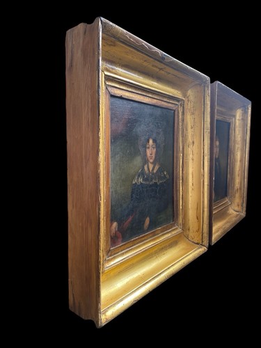 Pair of Large Antique 19th Century Oil on Canvas Naive Portrait ...