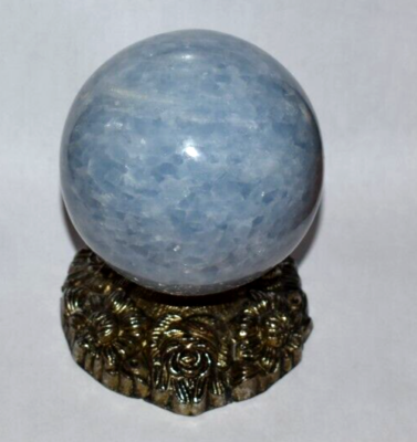 Celestite Sphere Blue Crystal Natural 791 Grams on Cast Bronzed Metal ...